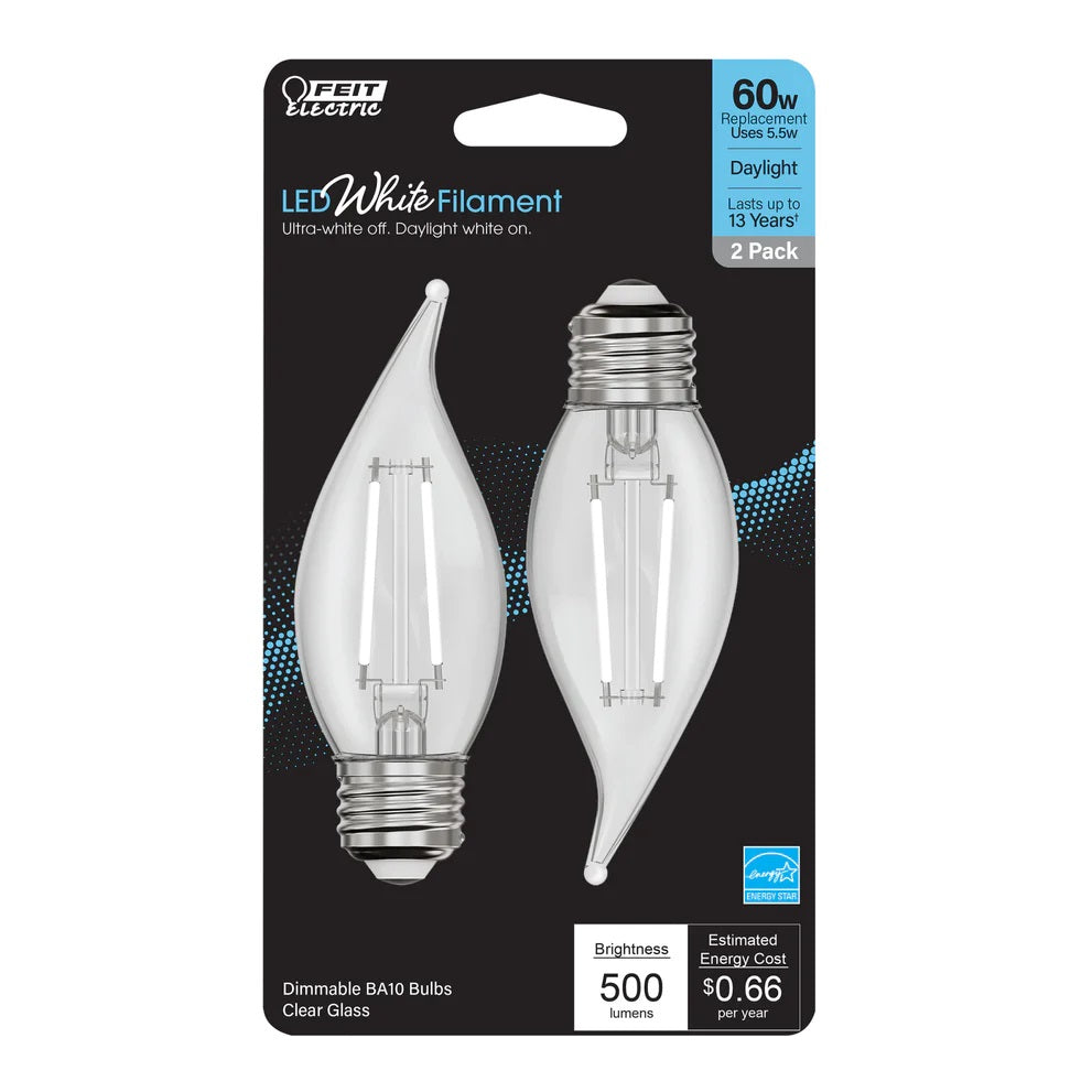 Feit 2-Pack 60W LED White Filament Flame Tip Light Bulbs BPEFC609 ...