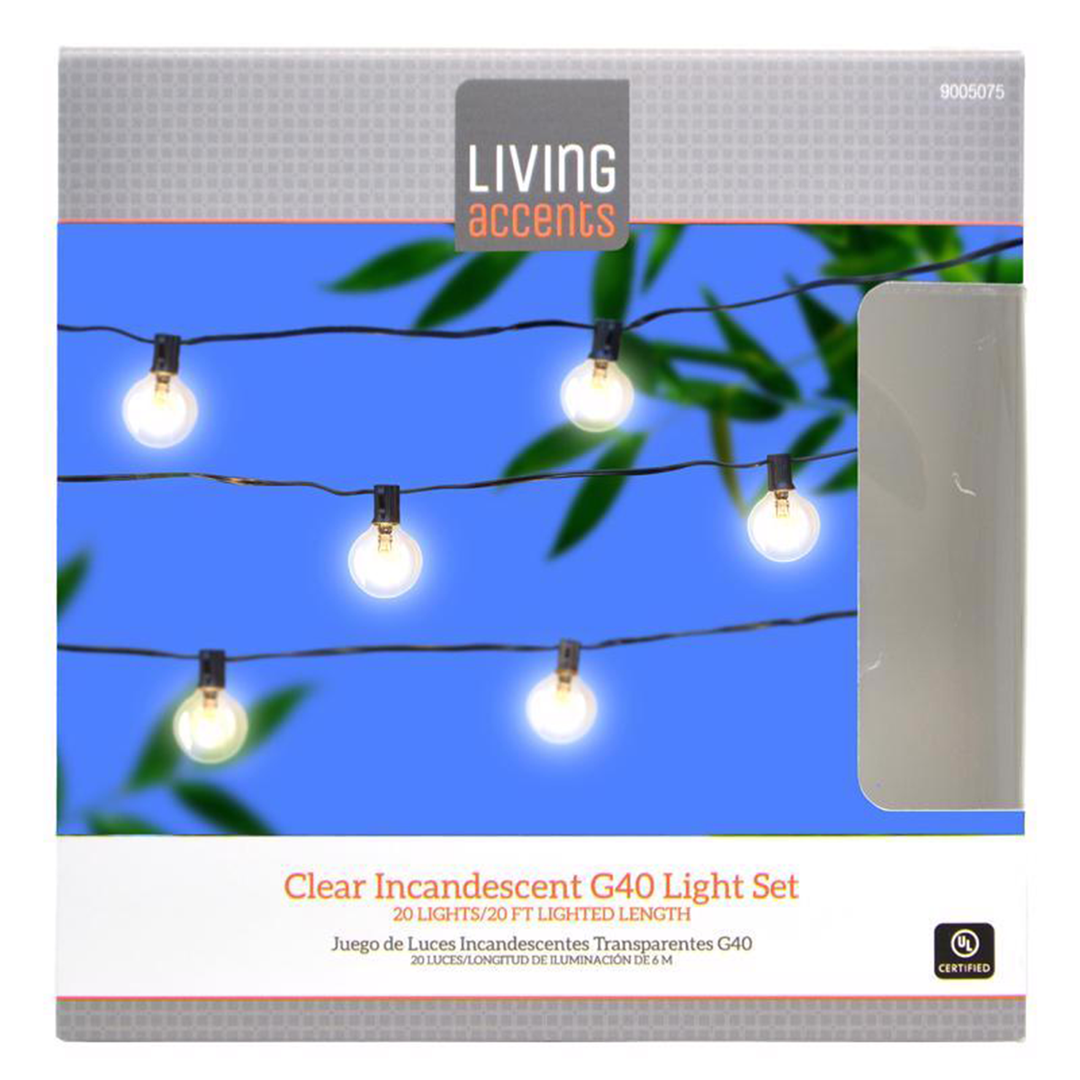 Living Accents Incandescent Light Set, Clear 10 ft. 20 Lights G40 ...